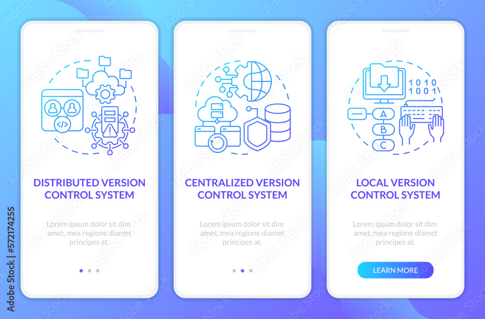Vetor Version control systems types blue gradient onboarding mobile app screen. Walkthrough 3 ...