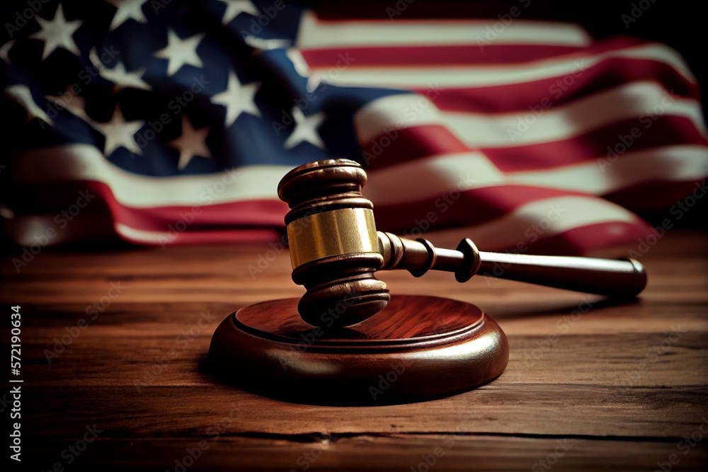 American flag, a golden scale and a judges gavel symbolizing the ...