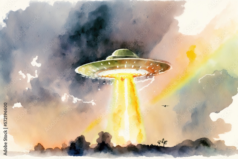 UFO with power beams. Watercolour painting. Generative AI art. Stock ...