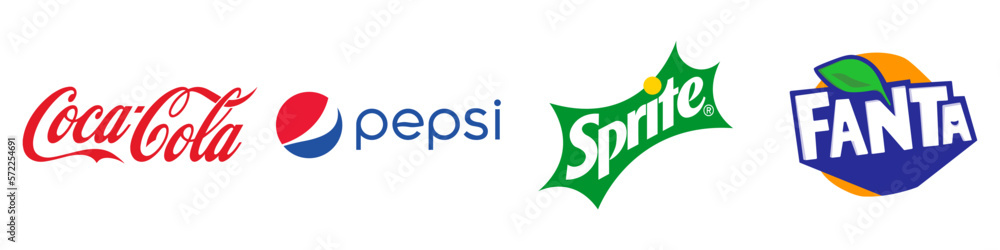 Carbonated soft drink logo set. Coca Cola, Pepsi, Fanta, Sprite drinks icons. Top drink company ...