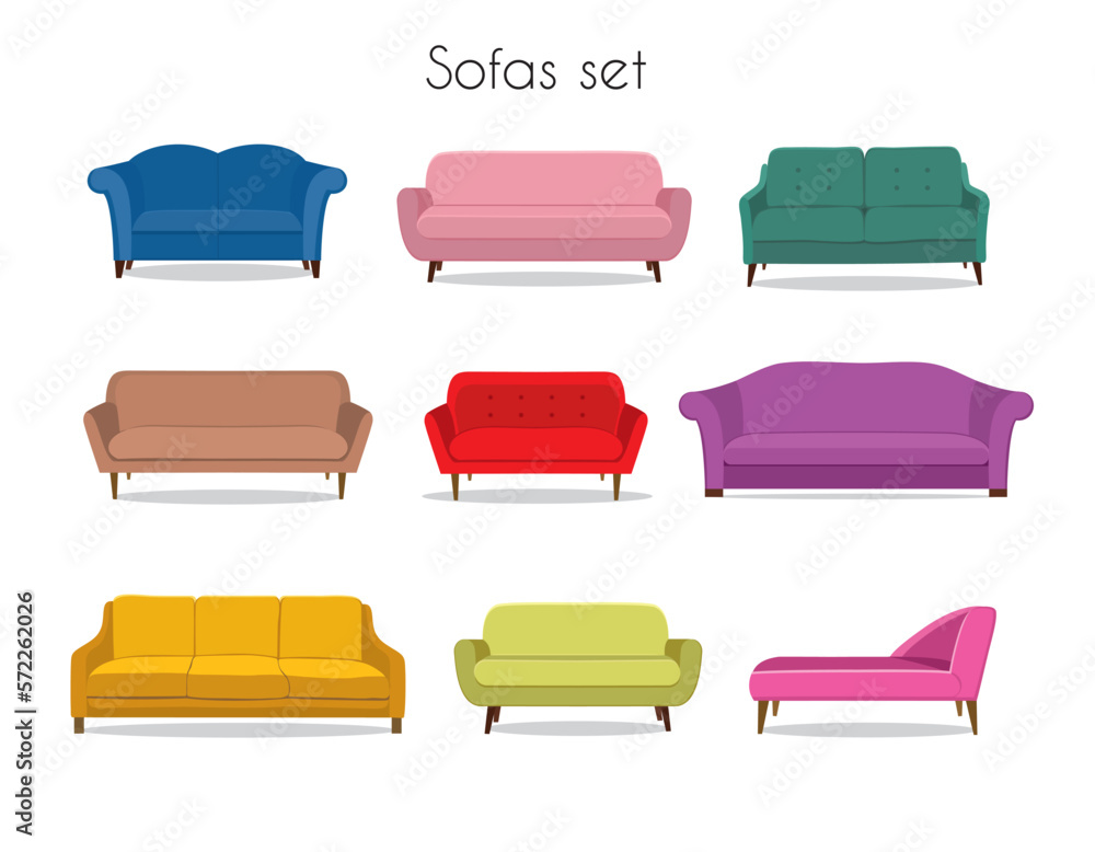 Sofa colored vector set. Comfortable couch collection isolated on white ...