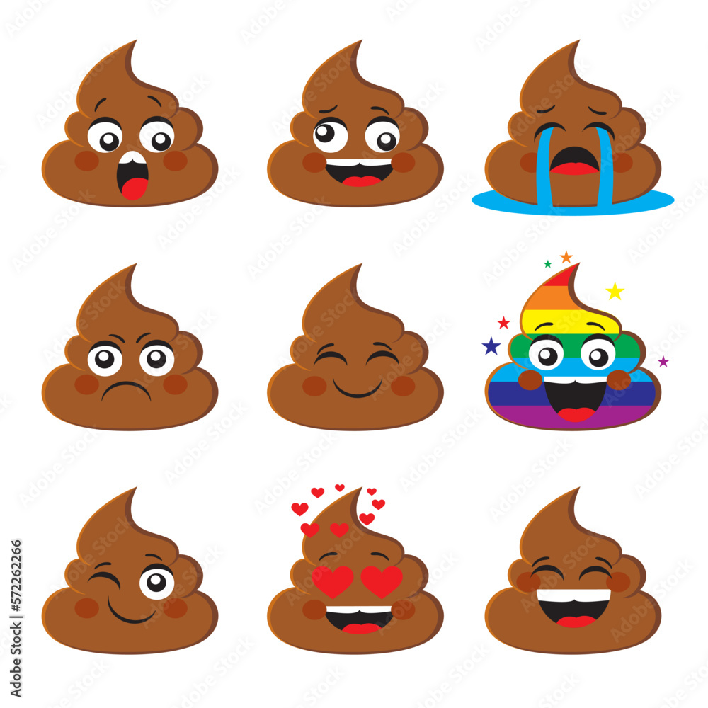 Set collection of poo shit emoji icon with different face expression ...