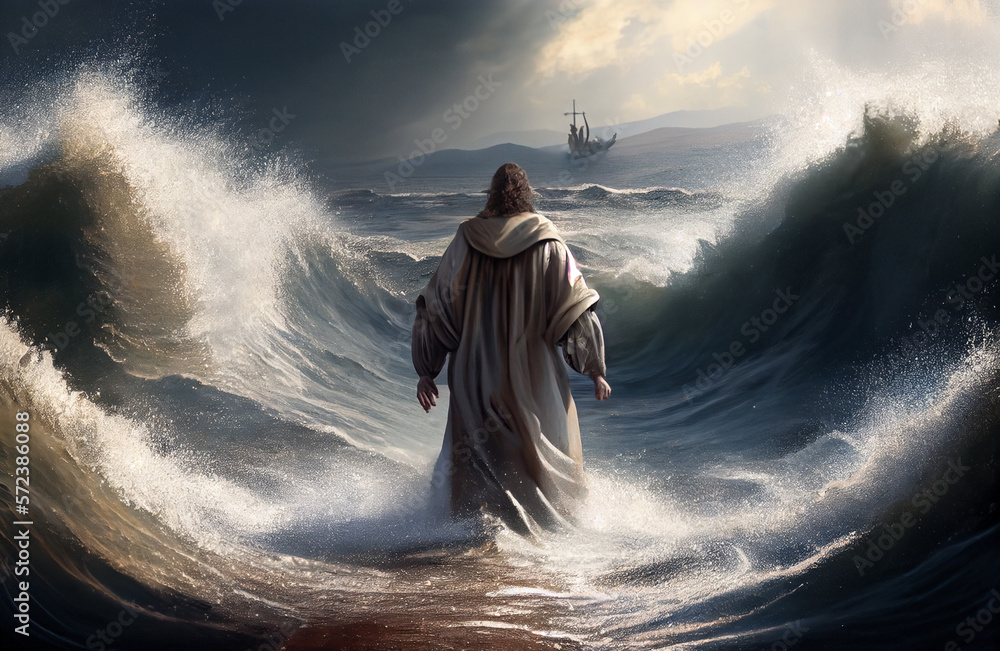 Jesus walks on water across the sea towards a boat during a storm ...