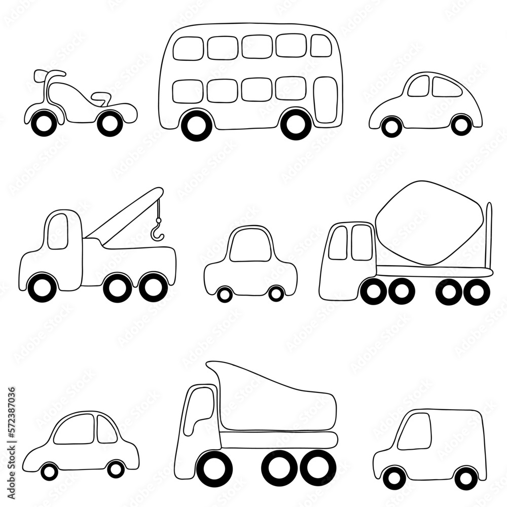 9 cartoon vehicles. Vector outline illustration for coloring pages ...