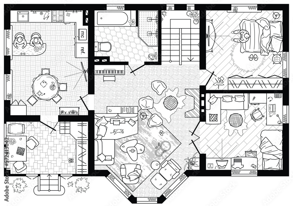 Floor plan in top view. Outline sketch drawing. Cottage with bay window ...