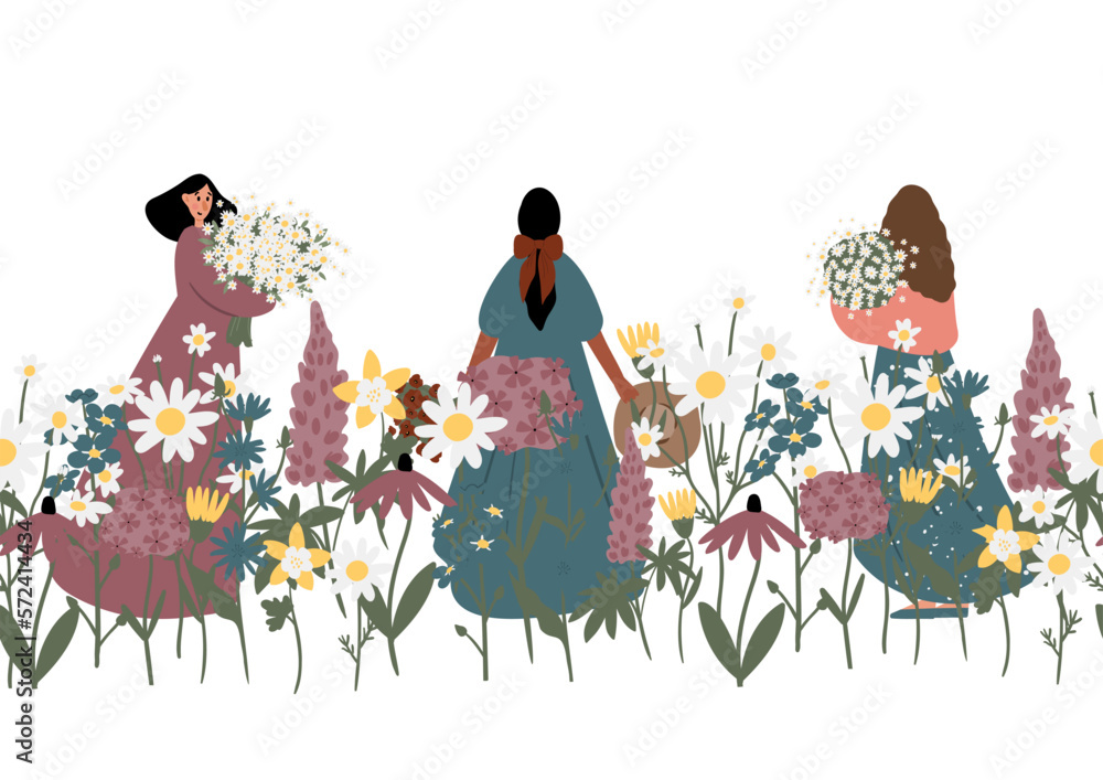 wildflower border clipart, cottagecore woman illustration, vector ...