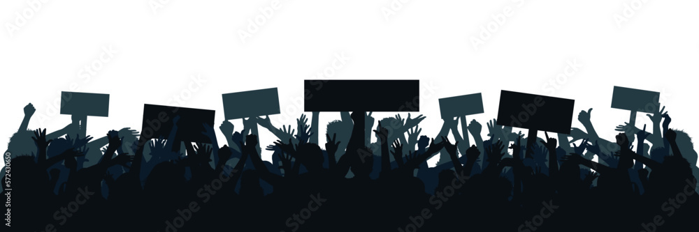 Set hands up revolution. Silhouettes of crowd of people with raised up ...
