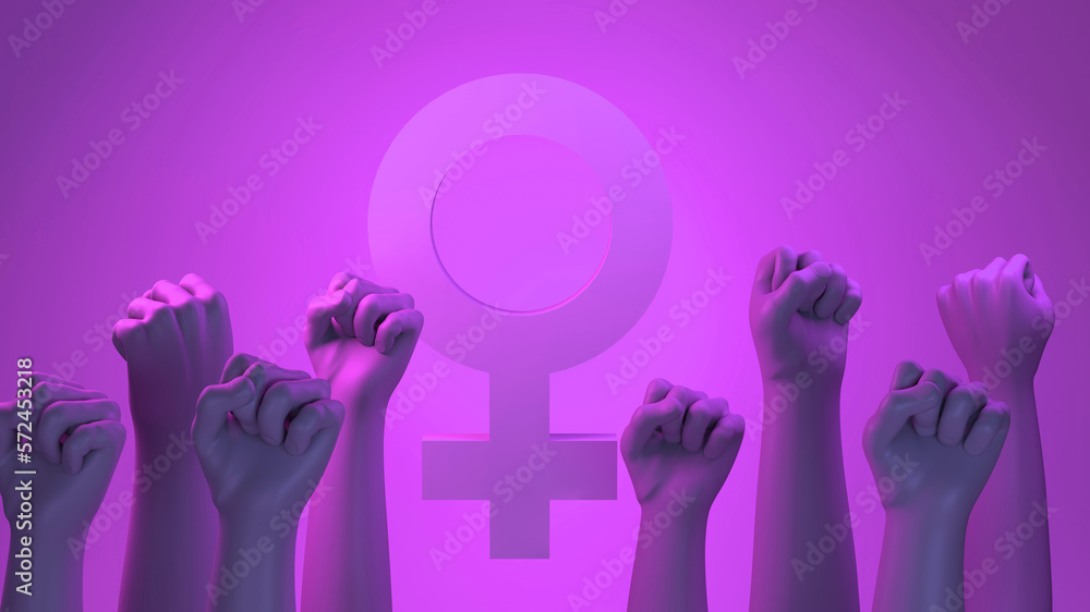 Banner with woman fists in fight sign and female symbol. International ...
