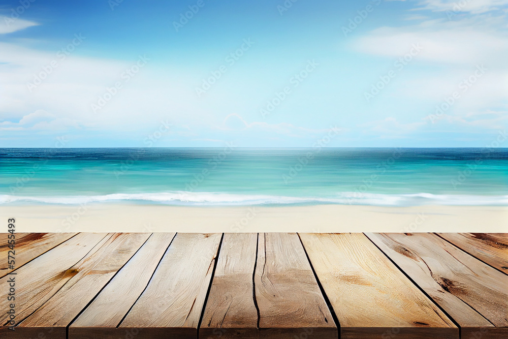 Wooden board blank table in front of blurred sea beach background, ai ...