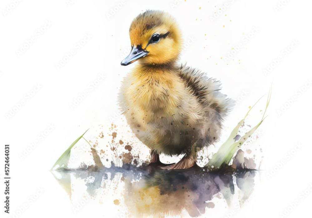 Generative AI. Cute little duck, watercolor illustration, summer ...