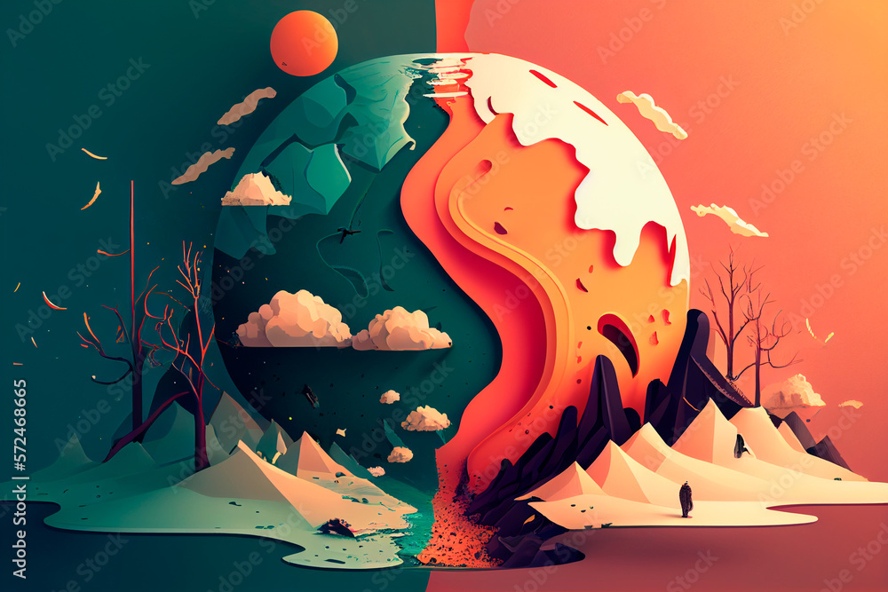 Illustration showing climate change on earth. Globe, landscape and natural disasters, snowmelt ...