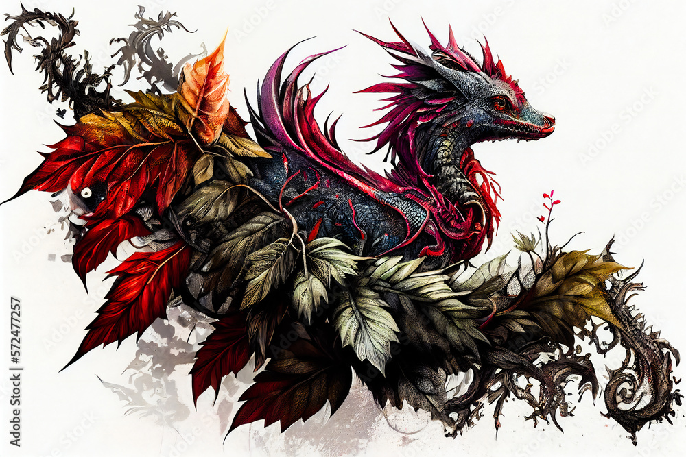 Artistic Dragon Tattoo Design With Innovative Plant Art on White ...