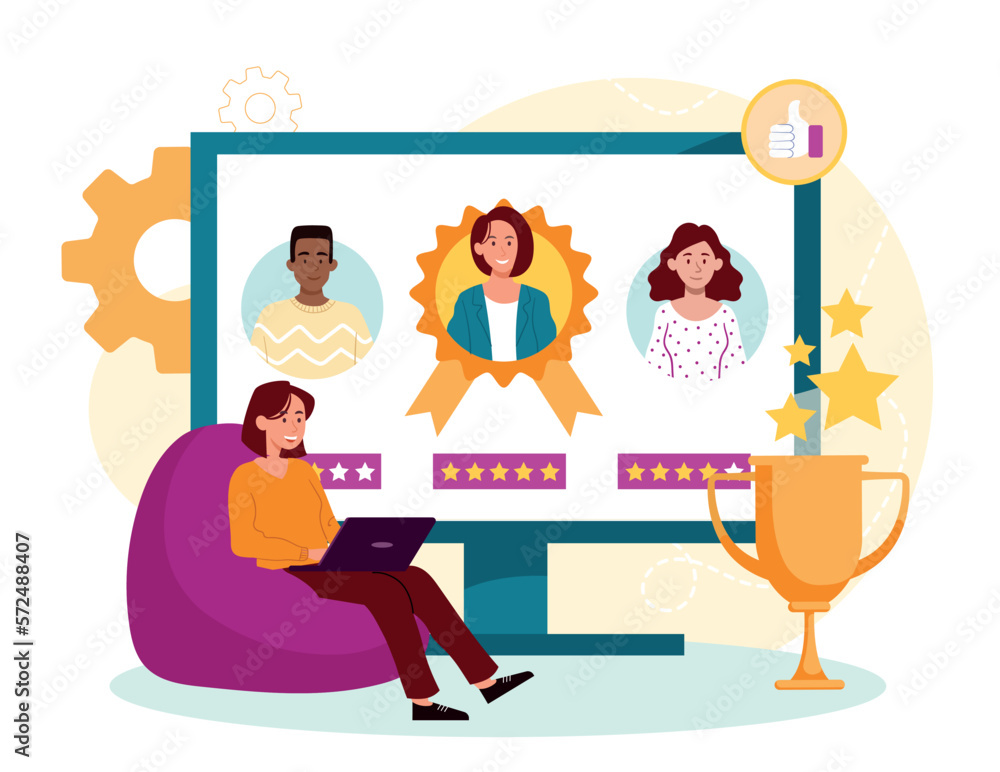 Best employee concept. Woman with laptop evaluates candidates for ...