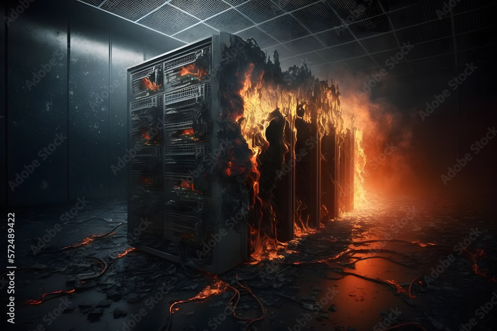 Disaster in server room or data center storage room on fire burning ...