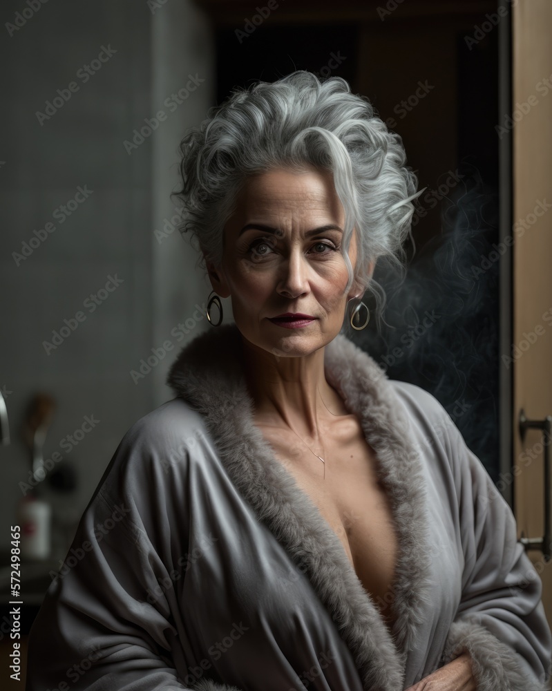 Very sexy mature woman in lingerie robe looking at the camera. Generative AI Stock Illustration ...