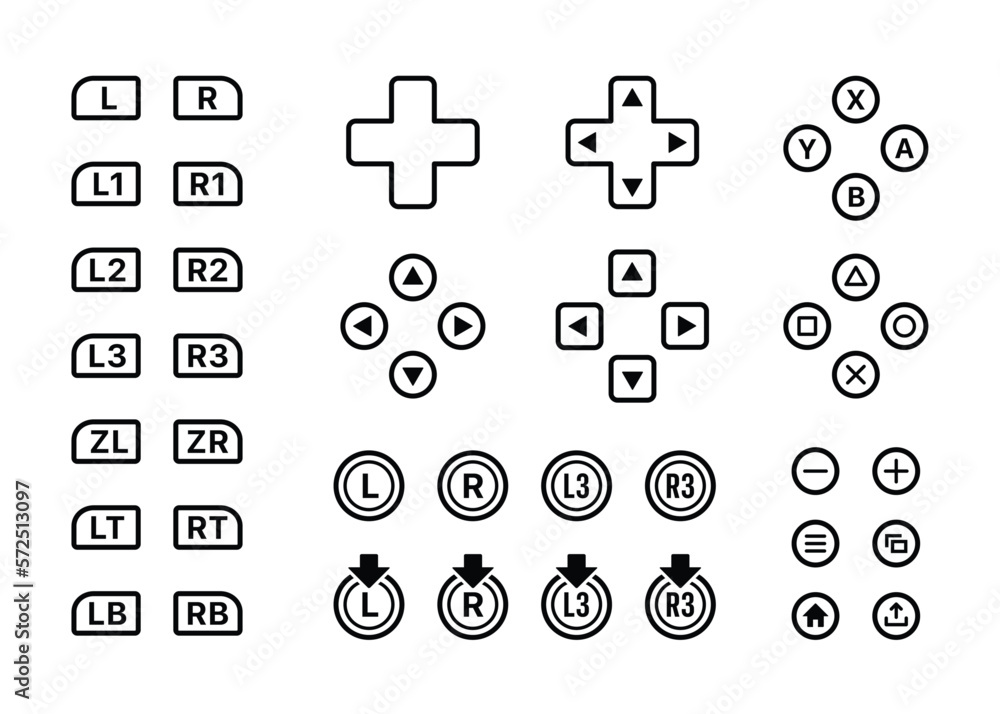 Video game controller button set collection line art vector icon for ...