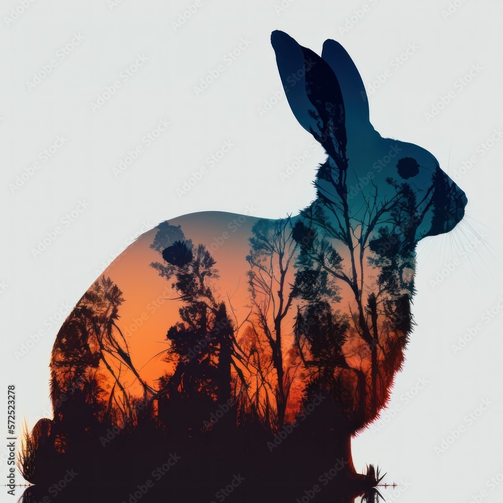 Cool and Beautiful Double Exposure Silhouette Rabbit Animal in Natural ...