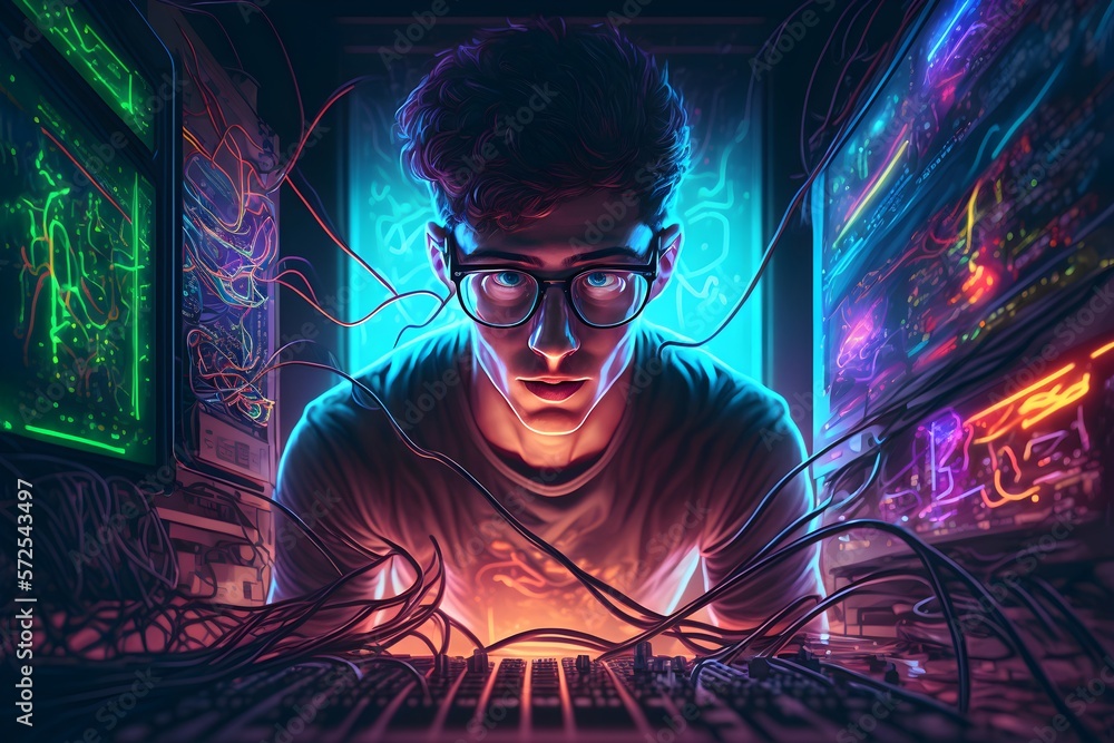 Nerd guy with glasses sits at his desk in front of a super computer ...