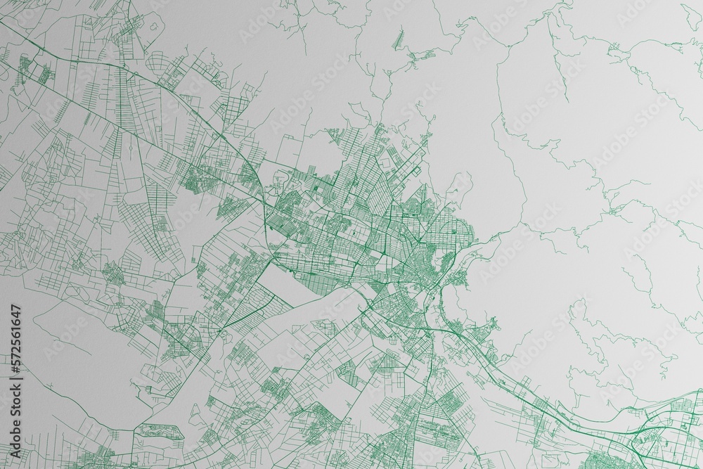 Map of the streets of Karaj (Iran) made with green lines on white paper ...