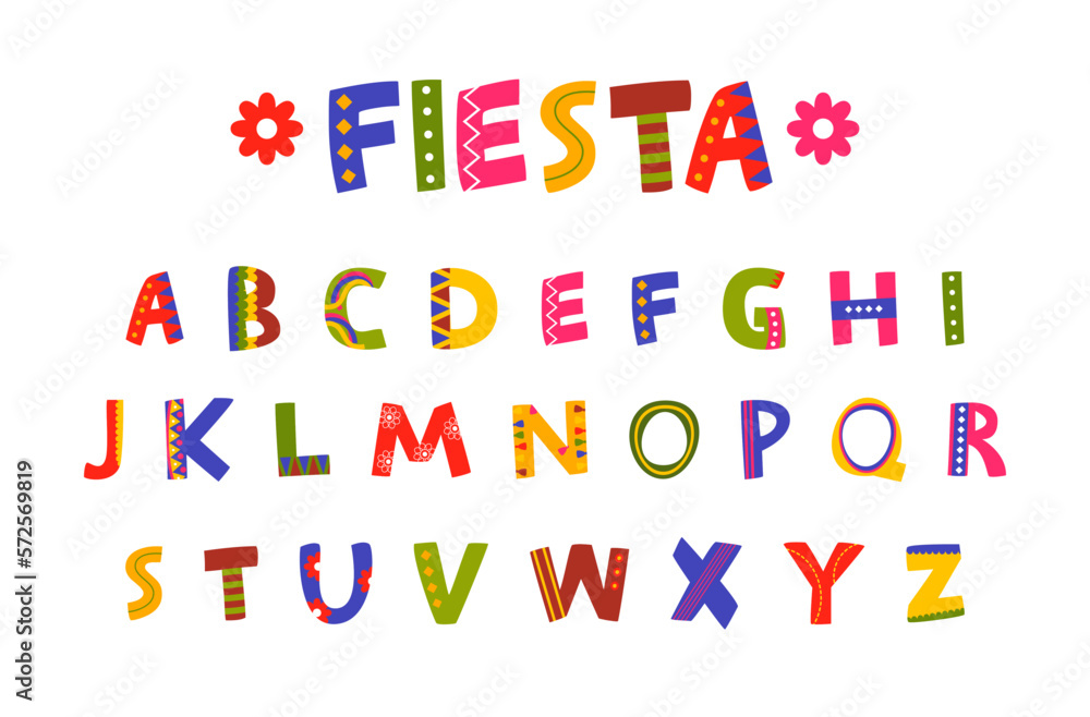 Fiesta font abc English letters Mexican traditional colored ornate ...