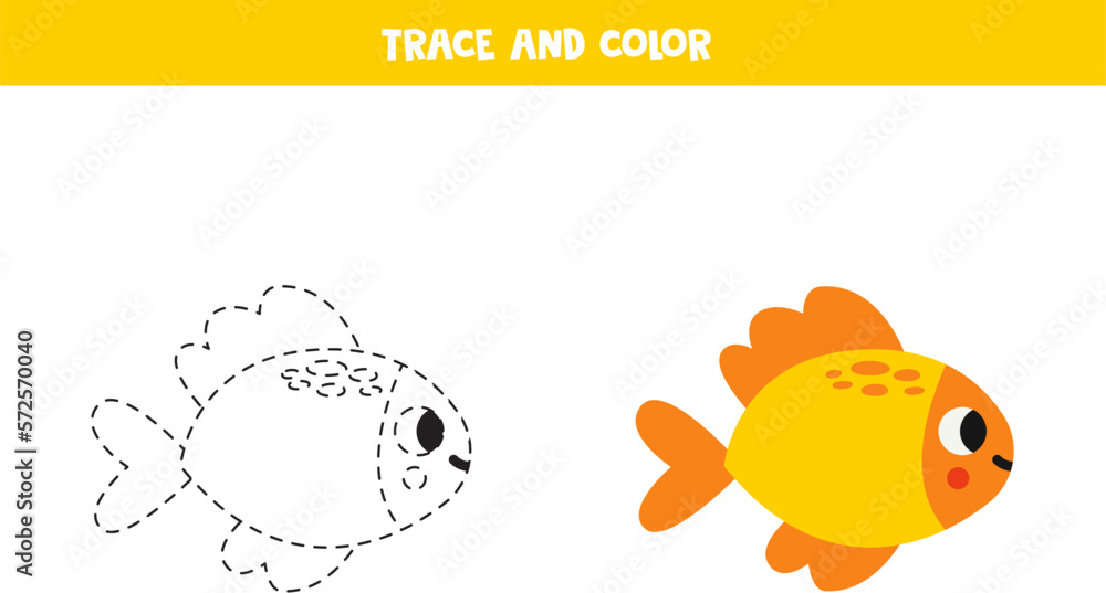 Trace and color cartoon cute yellow fish. Worksheet for children. Stock ...