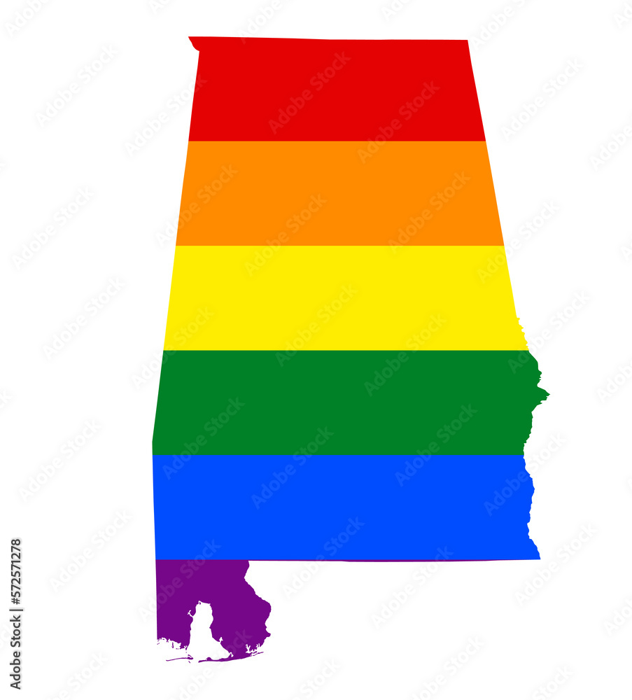 LGBT flag map of the Alabama. PNG rainbow map of the Alabama in colors of LGBT (lesbian, gay ...