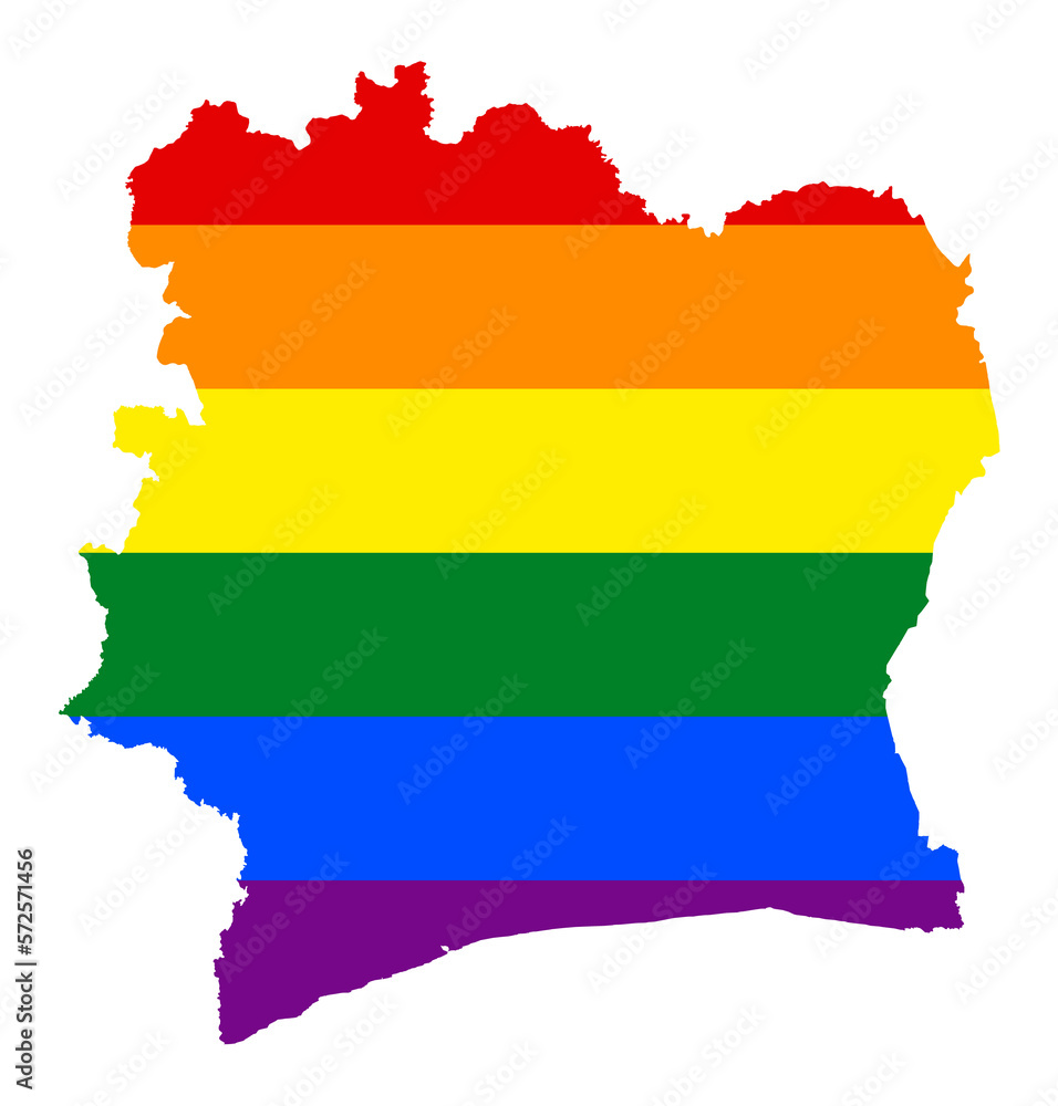 LGBT flag map of the Cote dIvoire. PNG rainbow map of the Cote dIvoire in colors of LGBT ...