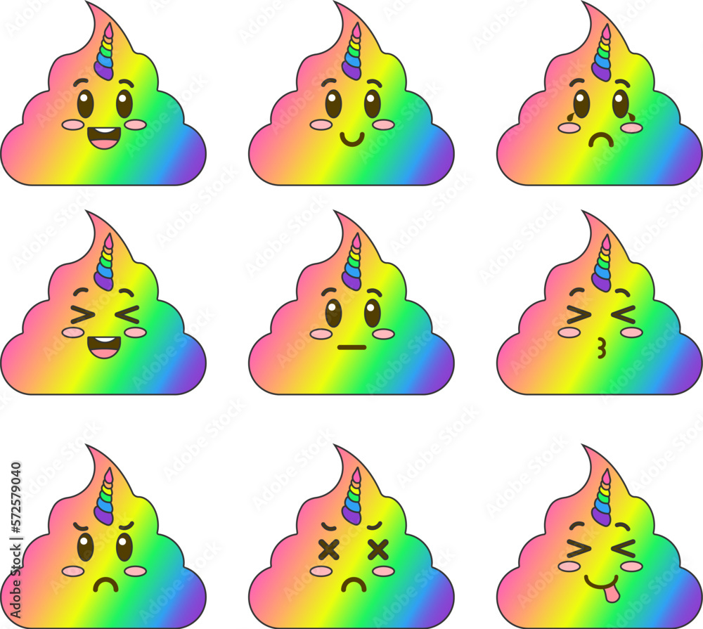Cute happy smiling poop Unicorn rainbow Kawaii character. Vector ...