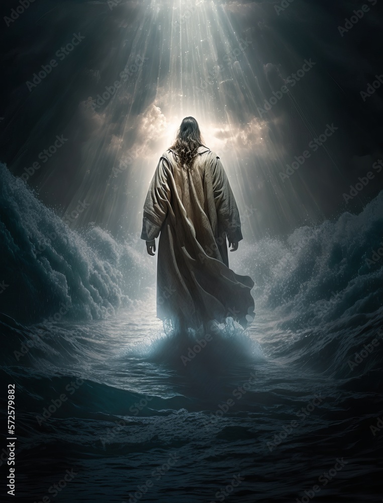 Jesus Christ Walking On Water During Storm Heavenly Rays Coming From ...