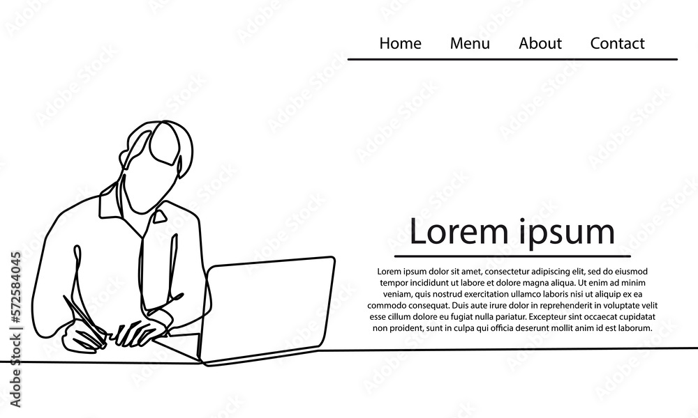 Line Art Drawing of Man with Laptop Landing Page Template. Businessman ...
