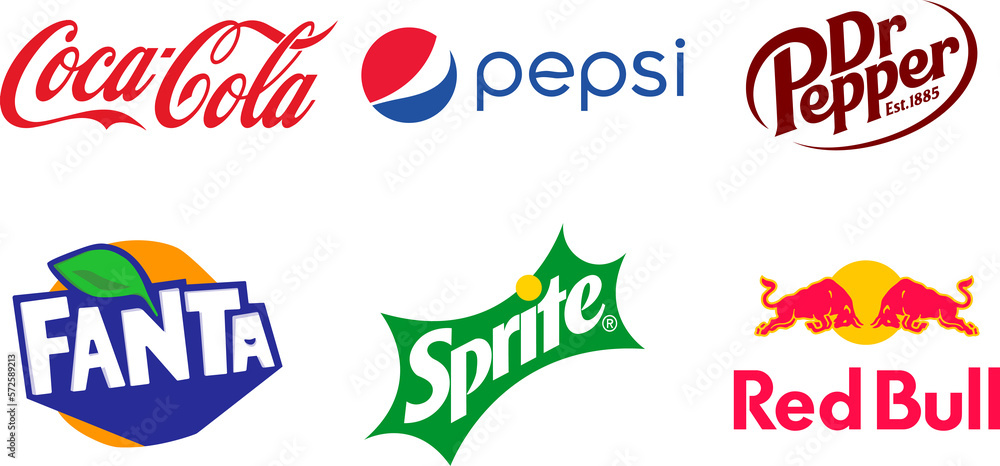 Carbonated soft drink logo set. Coca Cola, Pepsi, Dr Pepper, Red Bull, Fanta, Sprite drinks ...