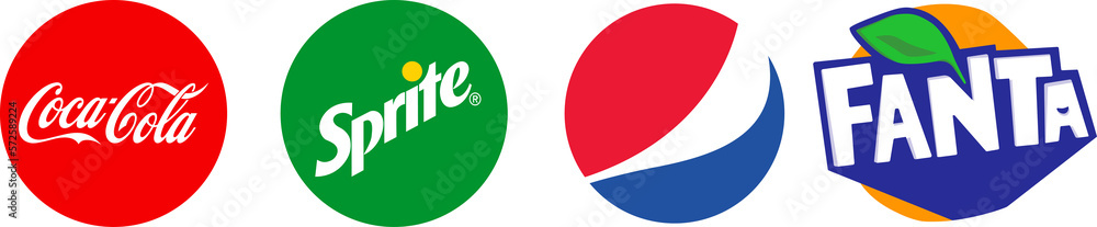Carbonated soft drink logo set. Coca Cola, Pepsi, Fanta, Sprite drinks icons. Top drink company ...