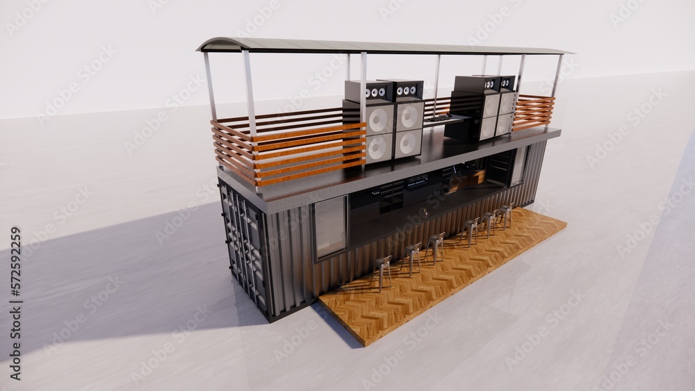 40 feet container 2 floors with Dj at the top 3d rendering realistic ...