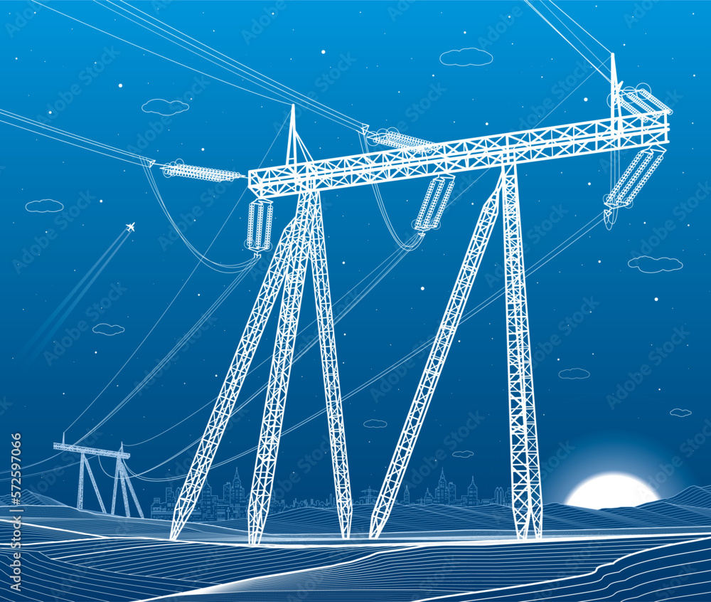 High voltage transmission systems. Electric pole. Power lines. A ...