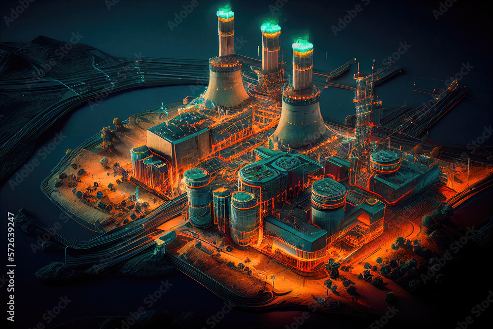 Night View of the thermonuclear power plants supplying power to the ...