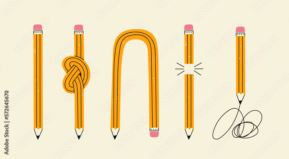 Set of yellow Pencils in various conditions. Straight, bended, knotted ...