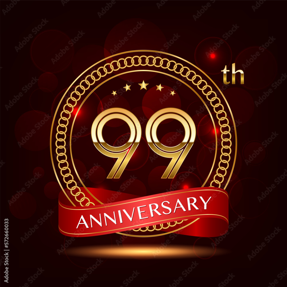 99th Anniversary logo design with golden number and red ribbon for ...