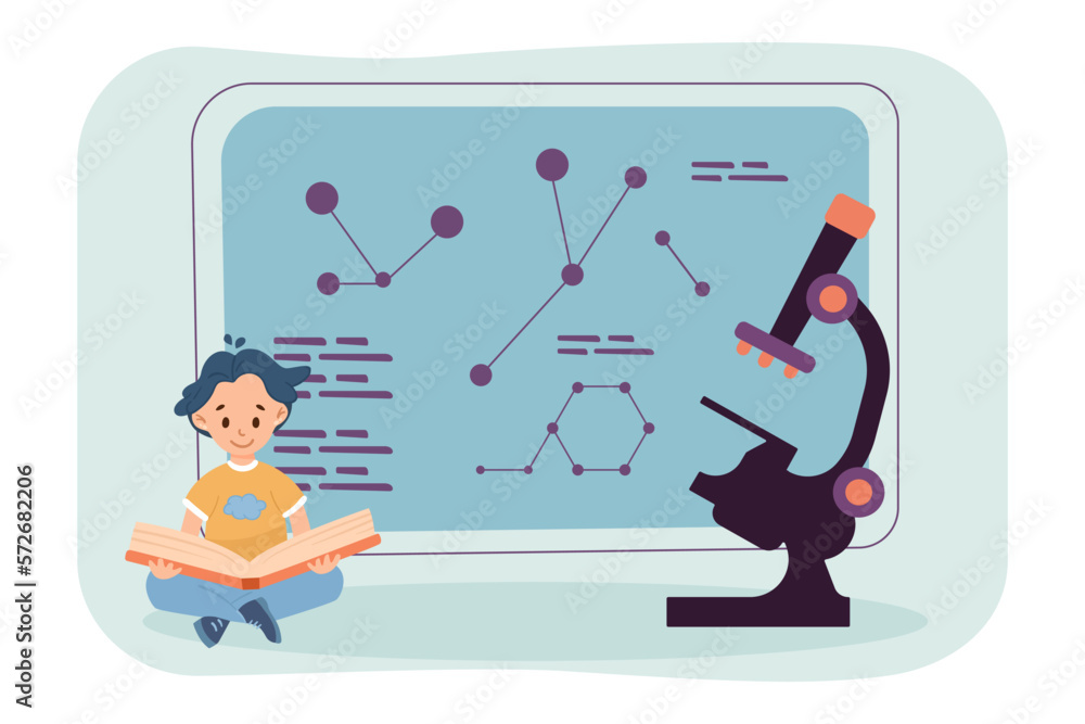 Vector de Stock Cartoon boy reading textbook next to huge microscope ...