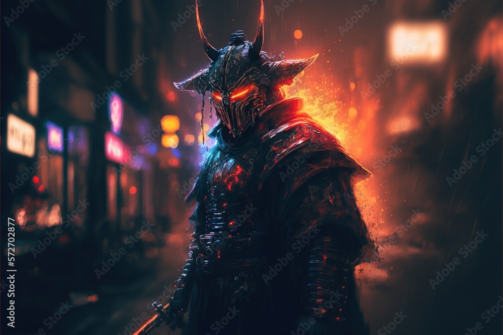 Asian warrior with sword in a closed mask on a ancient neon city ...