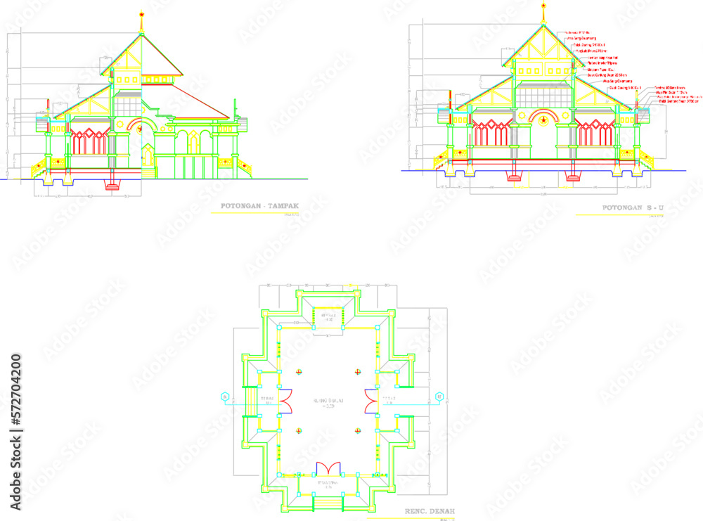 Vetor Sketch vector illustration of a cross-sectional plan of a mosque ...