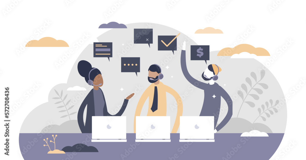 Call center support with answers to customer questions tiny persons ...