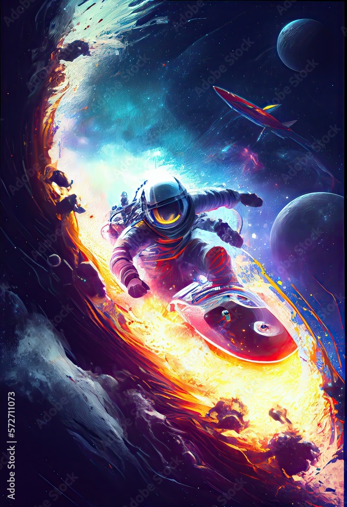 Generative AI illustration of a space explorer riding a rocket-powered ...