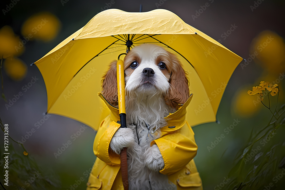 cute dog in the rain wearing a yellow raincoat, holding a yellow ...