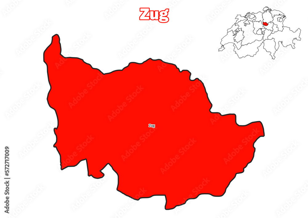 Karte des Kanton Zug mit Bezirksnamen und Standort auf der Karte der ...