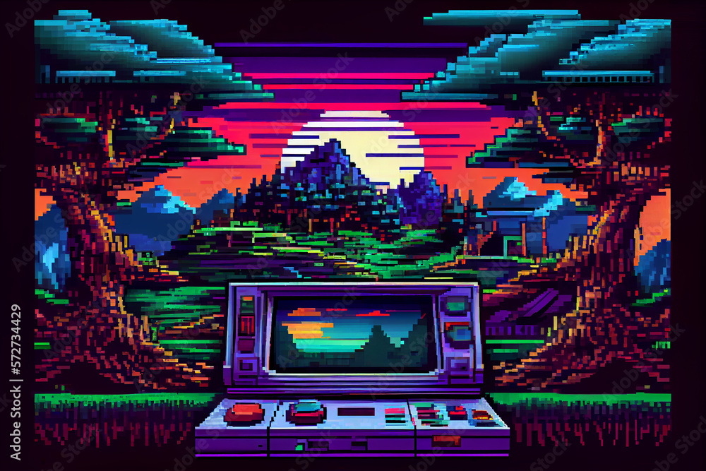 Video game background landscape with mountains and forests in 16 bit ...