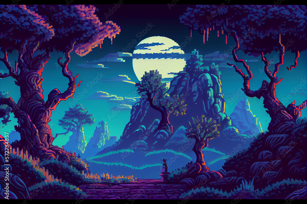 Video game background landscape with mountains and forests in 16 bit pixels. Retro video arcade ...
