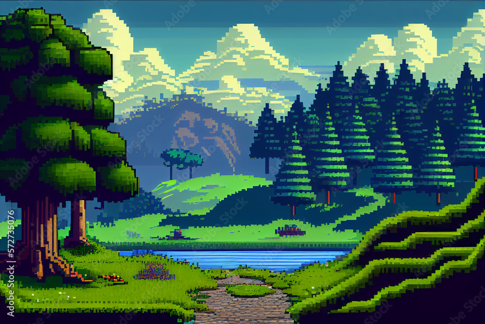 Video game background landscape with mountains and forests in 16 bit ...