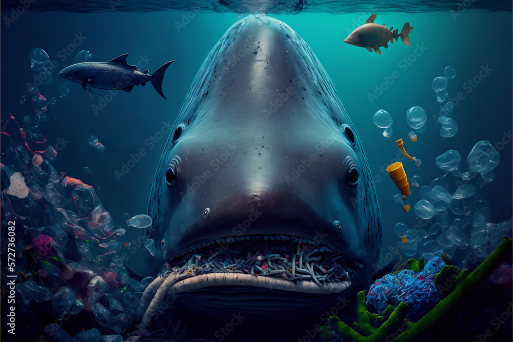 Shark in dirt green water with fishing net and bottle waste. Concept ...