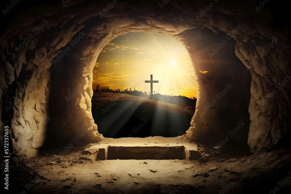 Cave tomb with crucifixion at sunrise. Concept resurrection morning ...
