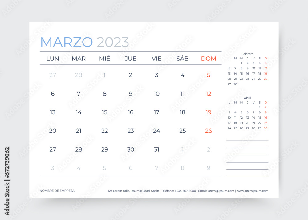 Spanish calendar for March 2023 year. Planner calender template. Week ...